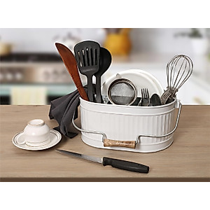 Utensil Caddy Carry-All Serveware - Galvanized Metal Organizer for Kitchen Counter - Comfortable Wooden Handle Indoor/Outdoor Storage For Flatware, Condiments, Party Cutlery, Arts - Gray/White