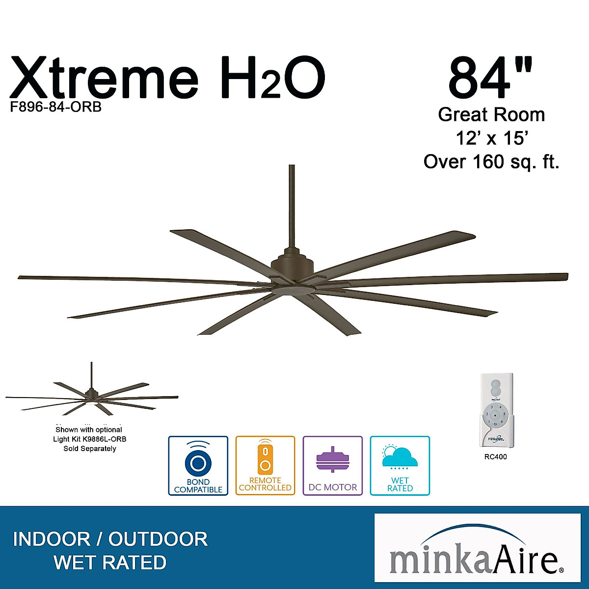 MINKA-AIRE F896-84-ORB Xtreme H2O 84 Inch Outdoor Ceiling Fan with DC Motor in Oil Rubbed Bronze Finish