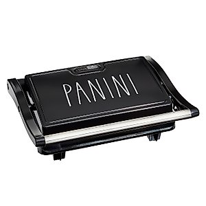 Rae Dunn Panini Maker - 750 Watt 2-Slice Press Grill with Indicator Lights | Opens 180 Degrees | Double Sided Heating | Non-stick Cooking | Cool Touch Handle | Easy to Clean, Black