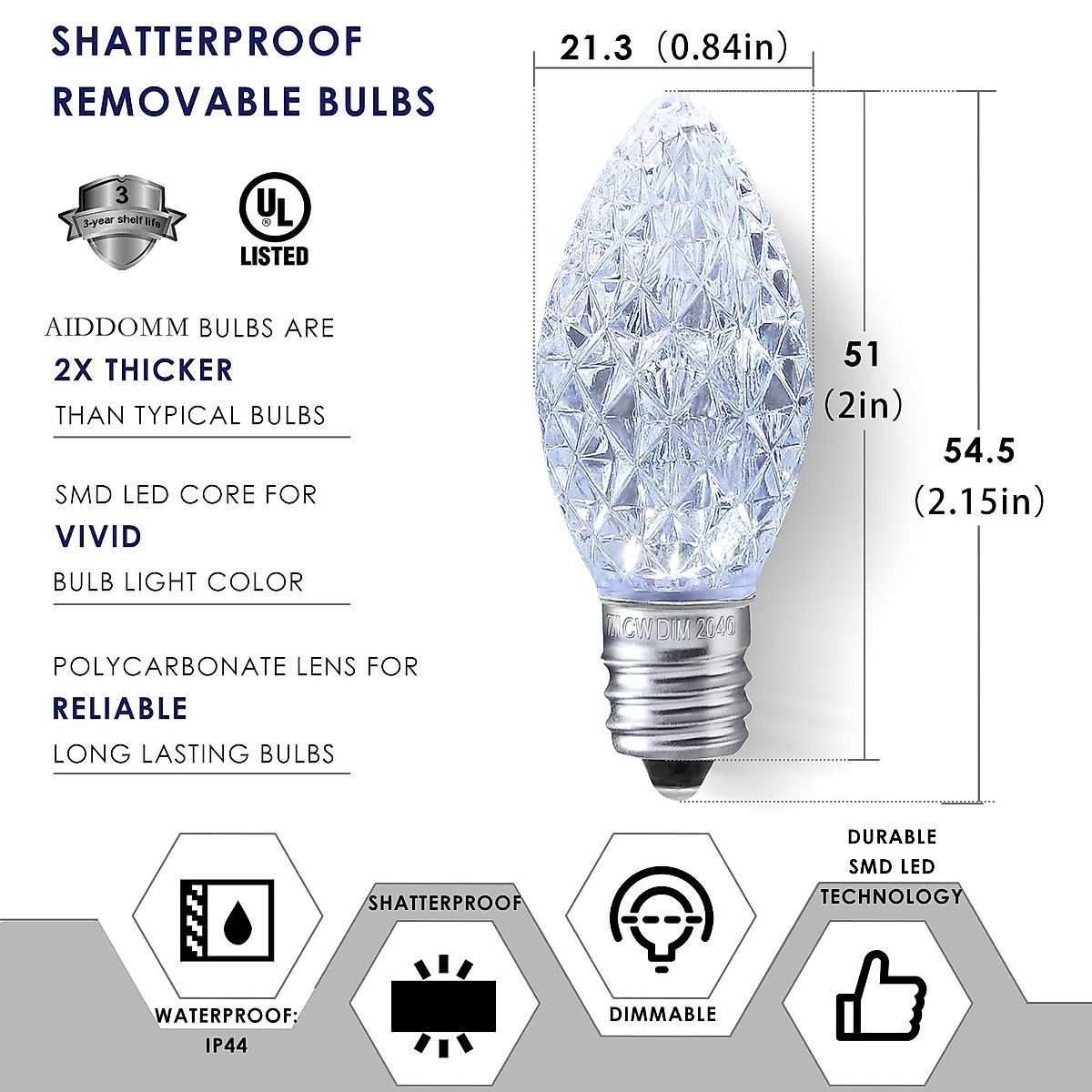 AIDDOMM 25 Pack C7 Cool White LED Replacement Christmas Light Faceted Bulbs, 0.72W, 2 SMD LEDs in Each Light Bulb, E12 Base, Commercial Grade Replacement Bulbs Dimmable Waterproof
