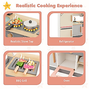 Costzon Kids Kitchen Playset, Pretend Play Kitchen with Refrigerator, BBQ Grill, Oven, Range Hood, Faucet & Sink, Dish Rack, Wooden Toy Kitchen Set for Toddlers, Gift for Boys Girls Age 3+ (One-Piece)