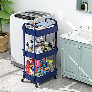 Sywhitta 3-Tier Plastic Rolling Utility Cart with Handle, Multi-Functional Storage Trolley for Office, Living Room, Kitchen, Movable Storage Organizer with Wheels, Blue