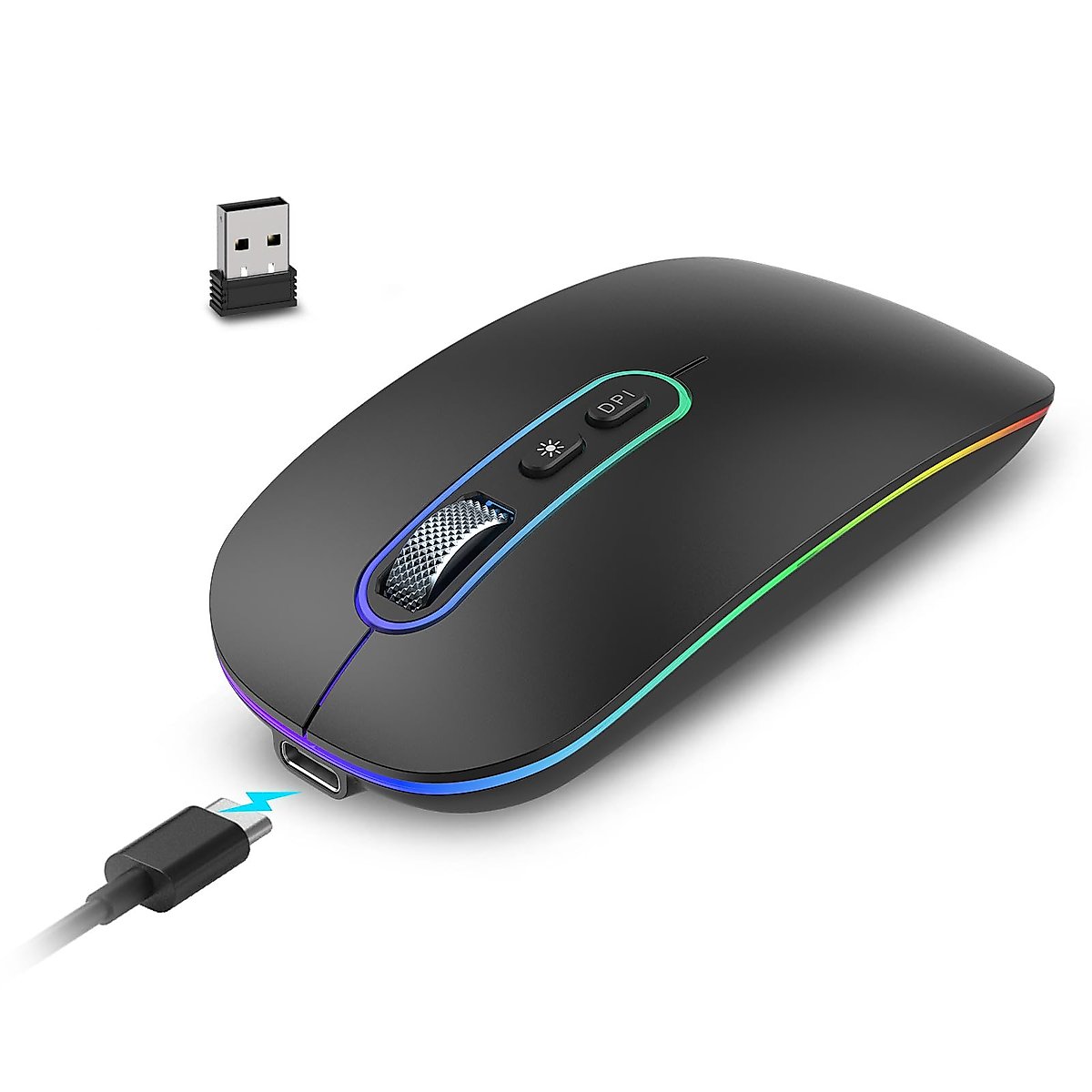 cimetech M01 Wireless Bluetooth Dual Mode Mouse, [1 Mouse for 2 Devices] [Ultra-Low Decibel Click], Rechargeable Ultra Slim LED Sleek Mouse, Plug and Play for iPad Mac Laptop Tablet PC Window - Black