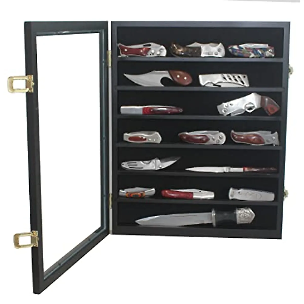 DisplayGifts Knife Display Case Pocket Knife Display Stand Military Folding Knife Shadow Box Wall Cabinet with UV Protection Glass Door Lockable, Great Way to Store and Display, Black Frame