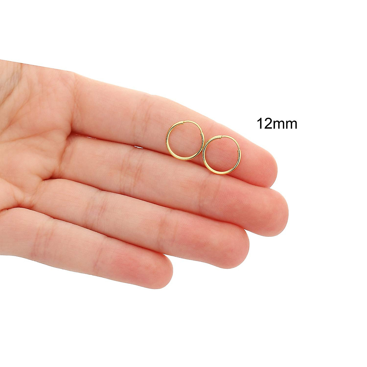 14k Gold Thin Continuous Endless Hoop Earrings, Two Pair Set Popular Small Sizes 10mm and 12mm Hoops (Yellow Gold)