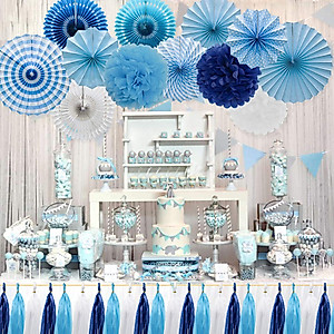 Meiduo Blue Party Decorations Hanging Paper Fans Pom Poms Flowers Tissue Tassel Garland for Elephant Shark Theme Kids Birthday Baby Shower Graduation