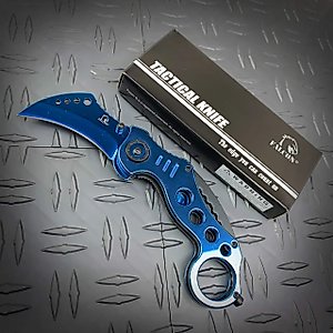 7.5" Blue Falcon Claw Full Metal Pocket Folding Knife. Stainless Steel Blade. For Compaing, fishing, Outdoor Use and EDC (Blue)