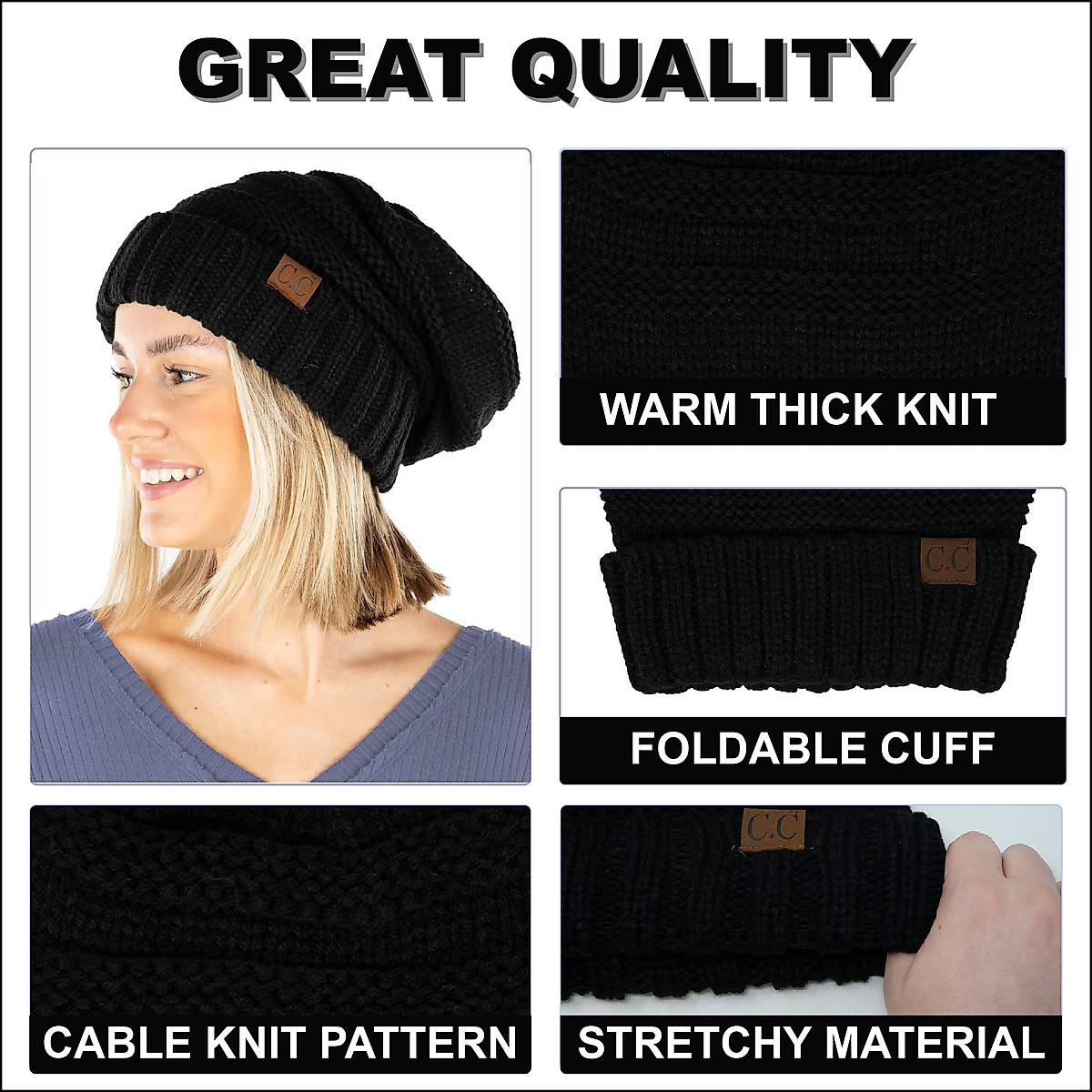 Funky Junque Trendy Warm Oversized Chunky Soft Oversized Cable Knit Slouchy Beanie (Black)