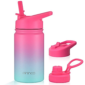 Mininoo Insulated Kids Water Bottle, 12 oz Stainless Steel Water Bottle Kids with Straw Lid and Chug Lid for Girls, Boys (Punch/Green)