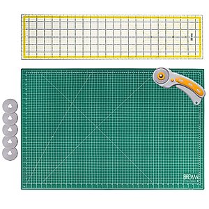 WA Portman Rotary Cutter Set & Cutting Mat for Sewing - 45mm Rotary Cutter for Fabric & 5 Blades - 24x36 In Fabric Cutting Mat - 6x24 In Acrylic Ruler for Cutting Fabric - Rotary Cutter and Mat Set