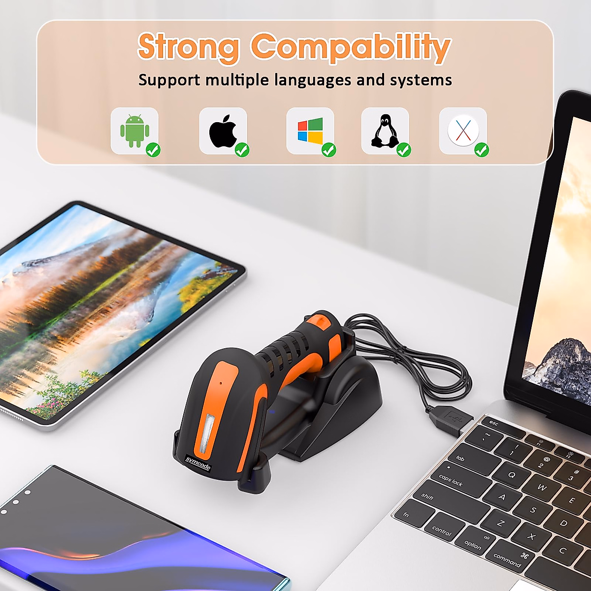 Symcode Bluetooth 2D QR Barcode Scanner with Stand,Industrial Dustproof and Waterproof 3 in 1 Compatible with Bluetooth & 2.4GHz Wireless & Wired Connection with Vibration Alert