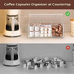 BEYGORM Acrylic Coffee Pod Holder with Lid for 24 Kcup, Clear Coffee Capsule Storage Organizer,3 Compartments Coffee Bar Station Organizer Compatible with Nespresso Pod,Creamer