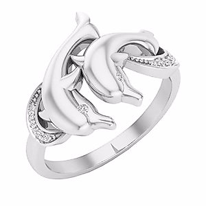 Dazzlingrock Collection 0.07 Carat (ctw) Round White Diamond Ladies Cocktail Right Hand Dolphin Ring | 925 Sterling Silver, Size 6