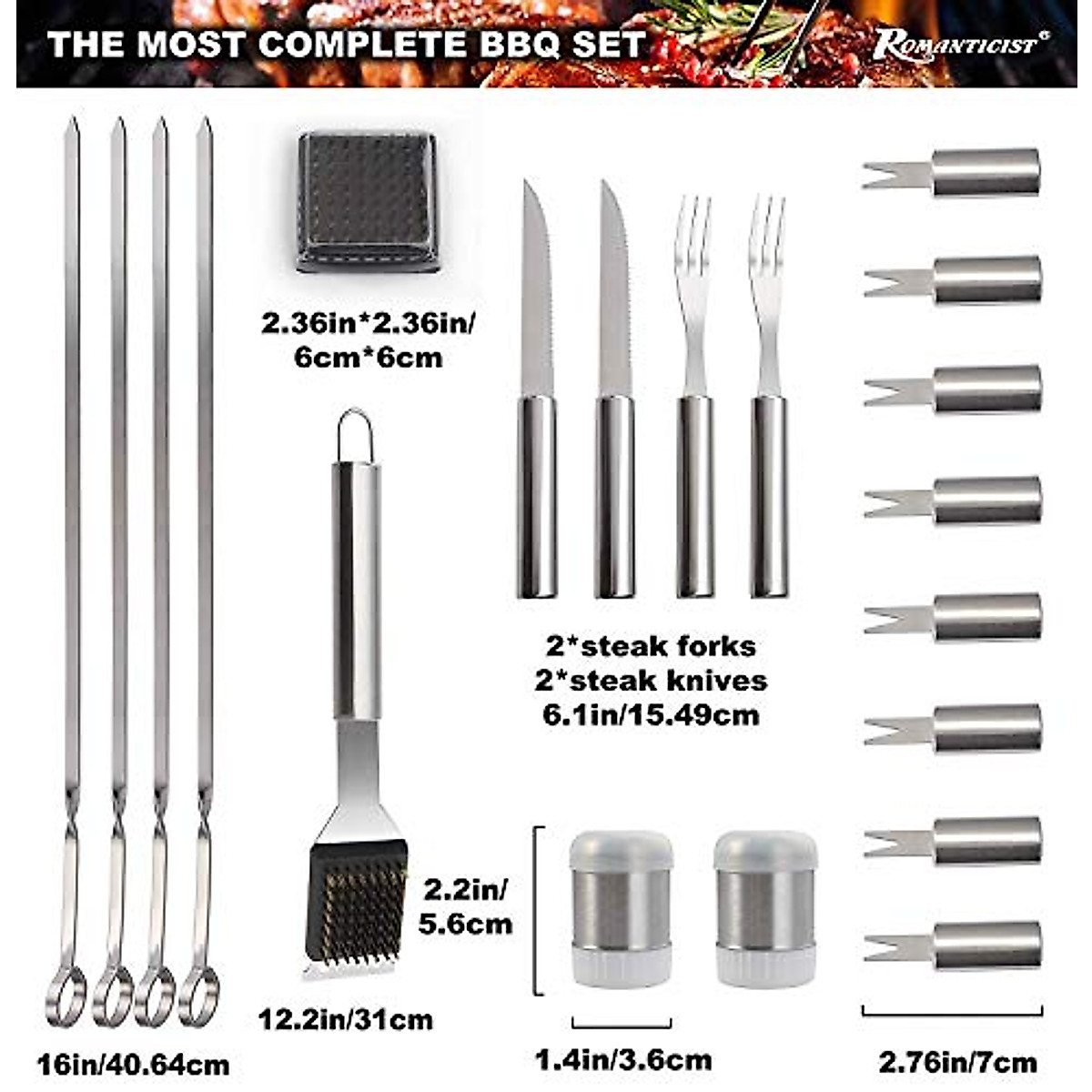 ROMANTICIST 28pc BBQ Accessories Set with Thermometer - The Very Best Grill Gift on Birthday Wedding - Heavy Duty Stainless Steel Grill Set in Case for Outdoor Cooking Camping Grilling Smoking