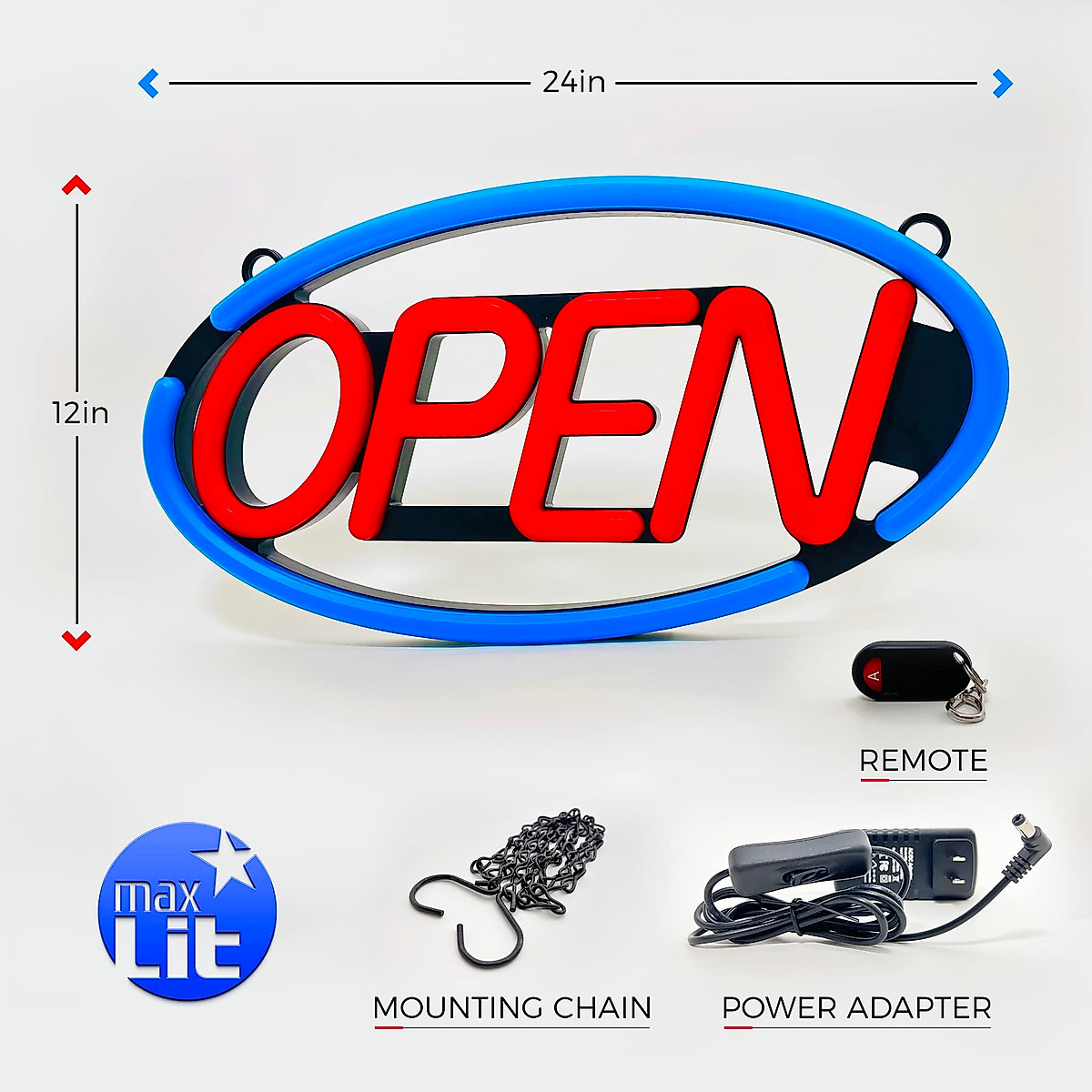 MaxLit 23'' X 12'' New Ultra Bright Oval LED Neon Sign - OPEN - Remote Controlled (Blue/Red)