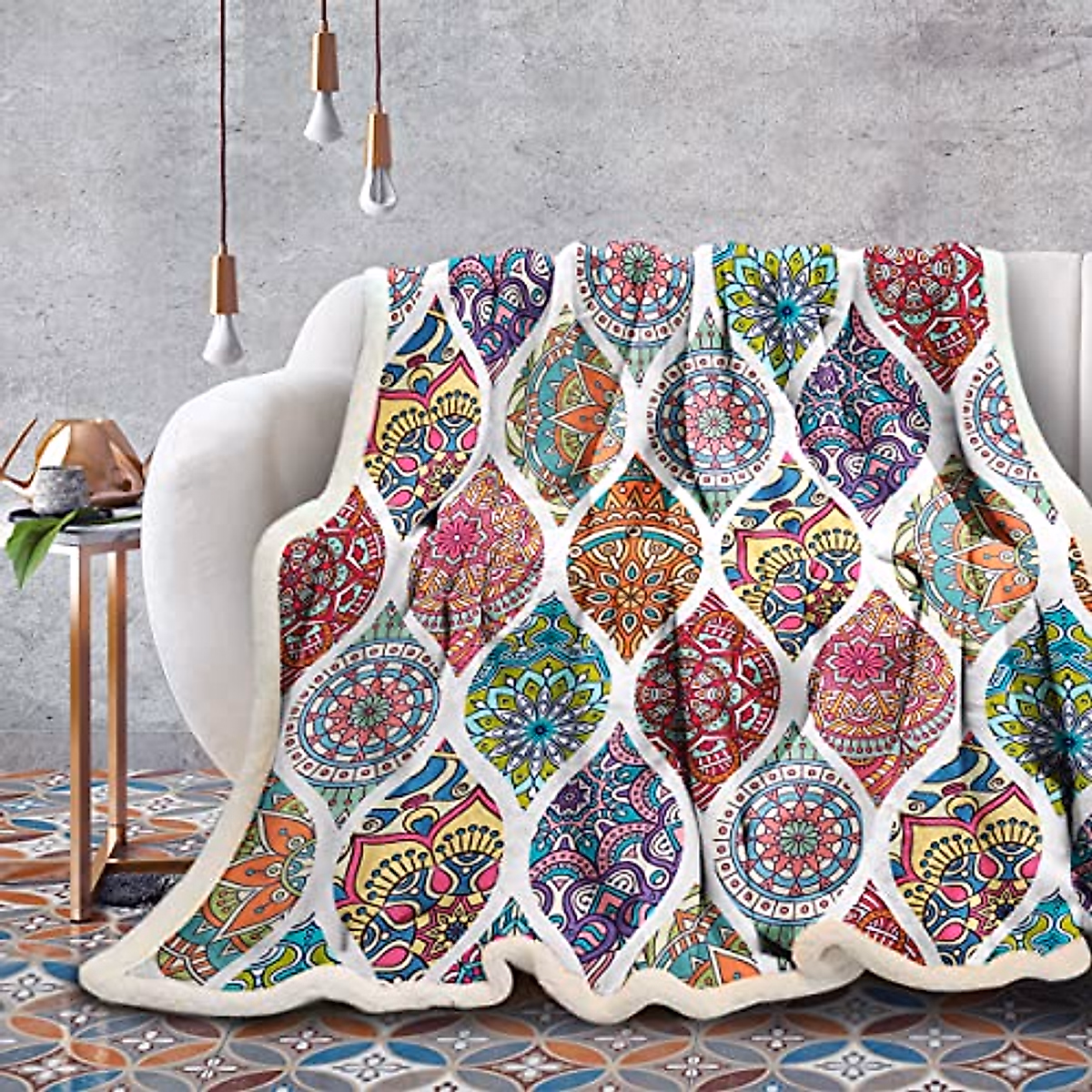 ARIGHTEX Boho Blanket Mandala Morrocan Paisley Pattern Bed Fleece Throw Blanket Soft Plush and Fuzzy Pink Teal Blue Green Yellow Sherpa Blanket for Couch Sofa (50 x 60 Inches)
