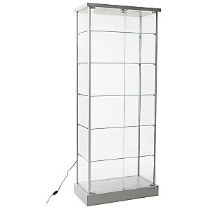Displays2go 29"w x 72"h Glass Display Case, 5 Adjustable Shelves, Lights, Wheels - Silver (173CPLEDSL)