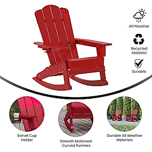 Flash Furniture Newport Adirondack Rocking Chair with Cup Holder, Weather Resistant Poly Resin Adirondack Rocking Chair, Red