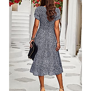 BTFBM Women Casual Summer Short Ruffles Tiered Sleeve Smocked Midi Dresses Bohemian Floral V Neck Wedding Guest Long Dresses（Floral Dark Blue,Large
