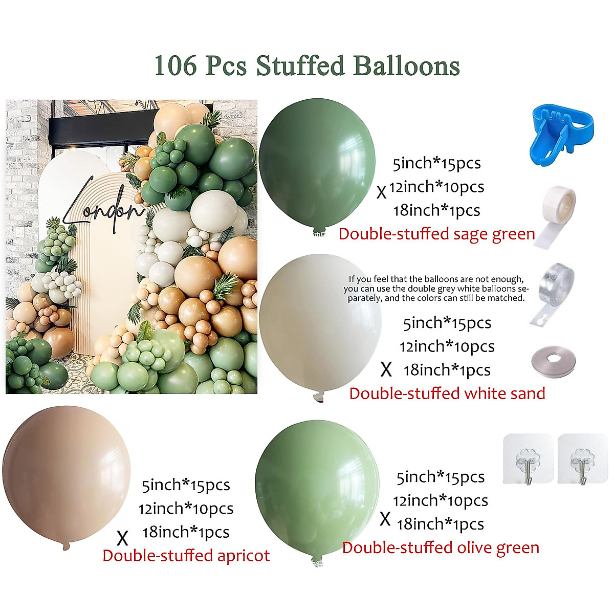 Sage Green Brown Balloon Garland Kit Double stuffed Olive Green Nude Apricot Dusty Green Grey White Latex Balloons Jungle Safari Balloon Arch kit for Wild One Baby Shower Birthday Party Decoration