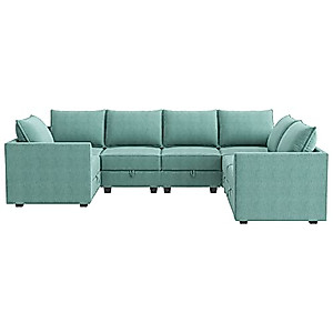 HONBAY Reversible Modular Couch Modern Polyester Sectional Sofa with Chaise & Storage Seat 112'' U-Shaped Couch for Living Room, Aqua Blue
