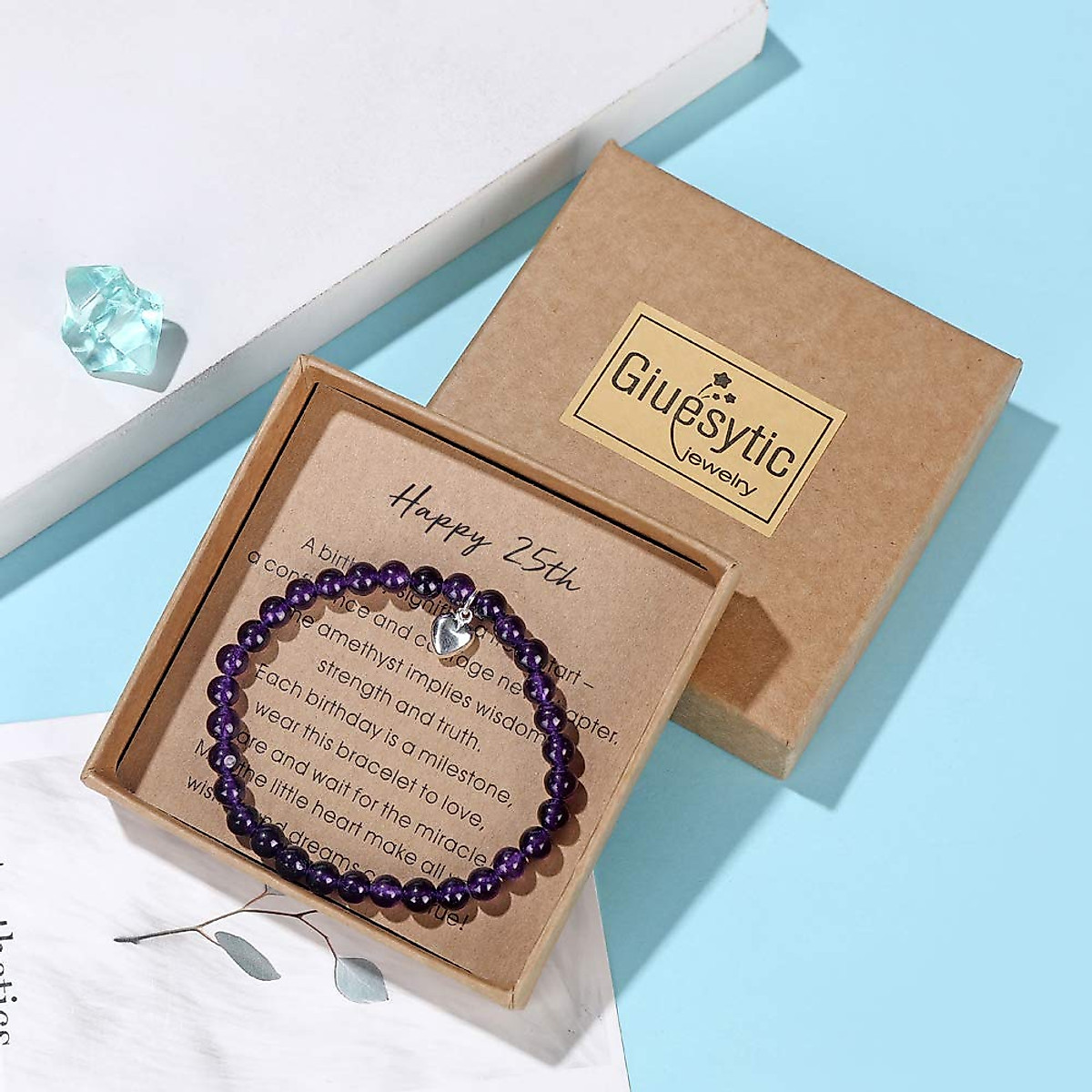 25th Birthday Gifts for Women Amethyst Bead Bracelet with Sterling Silver Heart Charm Happy 25th Birthday Gifts for Her with Card and Gift Box