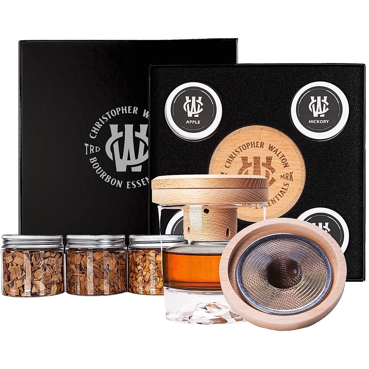 Christopher Walton - Cocktail Smoker Gift Set for the Bourbon and Whiskey Enthusiast with 4 types of Wood Chips, Cherry, Apple, Oak, and Hickory