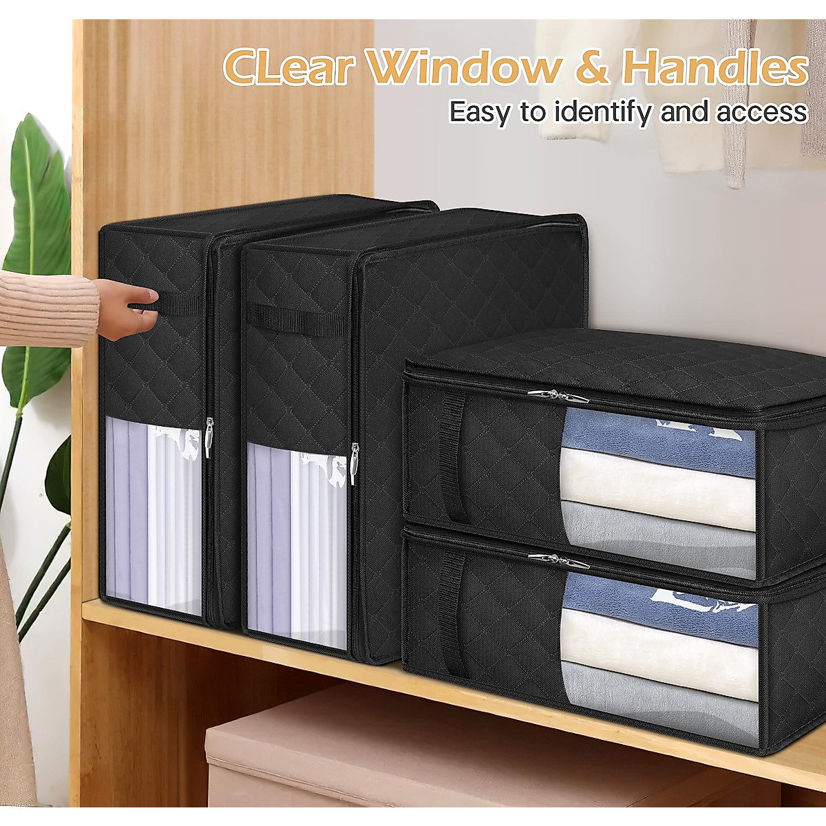 MISSLO Bed Sheet Organizers and Storage Queen/King Size Sheet Folder 4 Pack Linen Closet Organizer with Clear Window Blanket Storage Bags for Bedsheets, Pillow Cases, Towels, Clothes