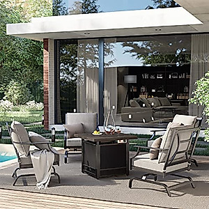 Grand patio 5PCS Patio Furniture Set with 29 in Fire Pit Iron Coated Outdoor Chairs with Gray Cushions Propane Gas Fire Table