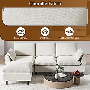 Nolohoo Cloud Couch Sectional, 94" Deep Seat L Shape Sectionals Sofa with Sleeper Chaise, Convertible Ottoman, Comfy Chenille Small Modular Couches for Living Room, Apartment, Cream White