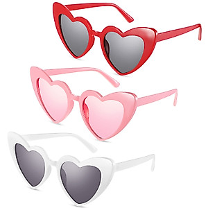 Konohan 3 Pairs Heart Sunglasses for Women Vintage Heart Shaped Sun Glasses Retro Cute Bachelorette Glasses for Girls Summer Beach Party, White, Red, Pink
