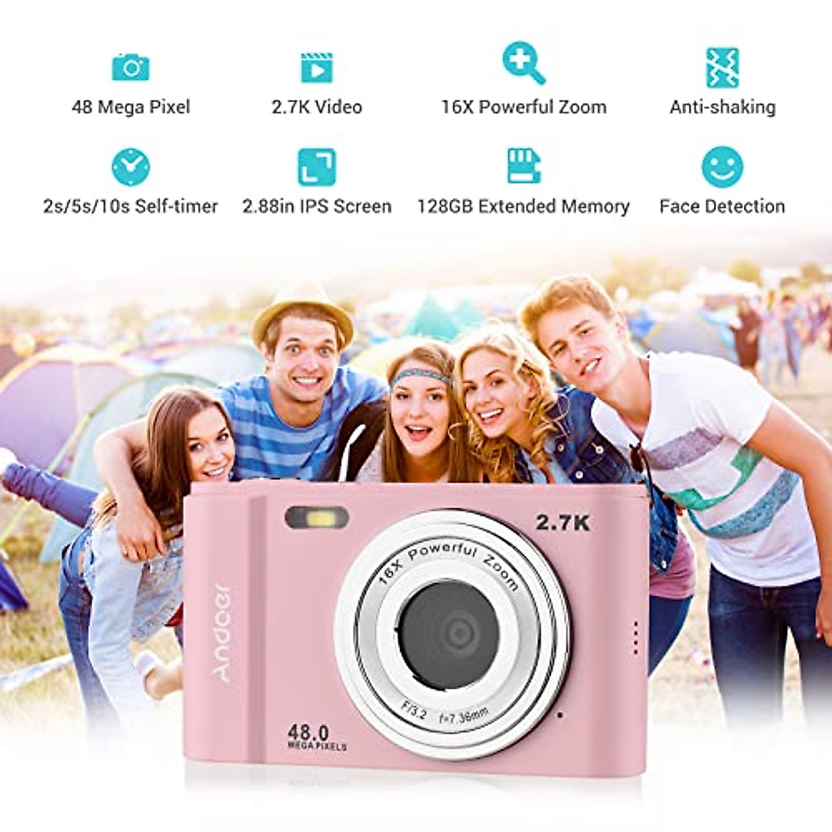 Andoer Portable Digital Camera 48MP 2.7K 2.88-inch IPS Screen 16X Zoom Auto Focus Self-Timer 128GB Extended Memory Face Detection Anti-Shaking with 2pcs Batteries Hand Strap Carry Pouch