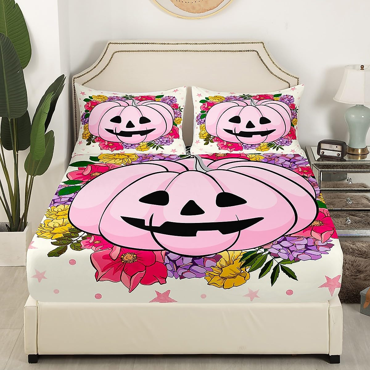 Pink Halloween Bed Sheet Set Full Size Pumpkin Lantern Fitted Sheet for Kids Boys Girls Flower Floral Bedding Set Trick or Treat Bed Cover Deep Pocket Bedroom Bed Set
