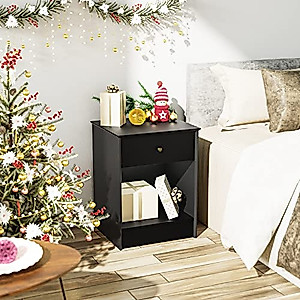 SRIWATANA Nightstand, 2-Tier Bedside Table with Drawer, Modern End Table, Black