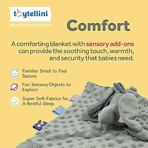 Soothe&Sense Baby Security Blanket with Teether, Rattle, Crinkle Fabrics & Taggies, Soft Sensory Lovey Newborn Essentials Snuggle Stuffed Animal (Grey Elephant)
