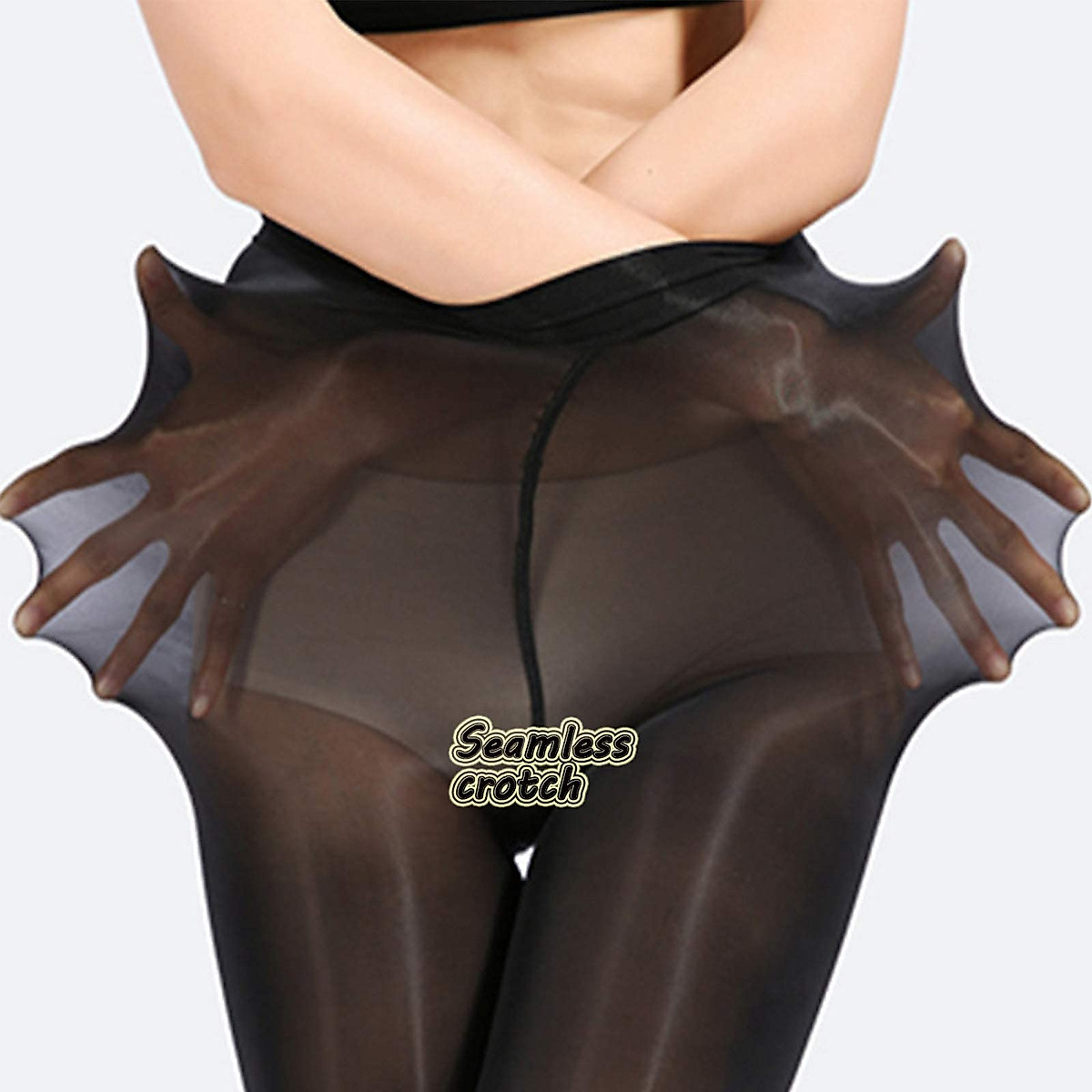 HTRUIYA Women's Oily Shiny Control Top Pantyhose Seamless Sheer Tights 8 Denier High Waist Gloss Stockings-Black