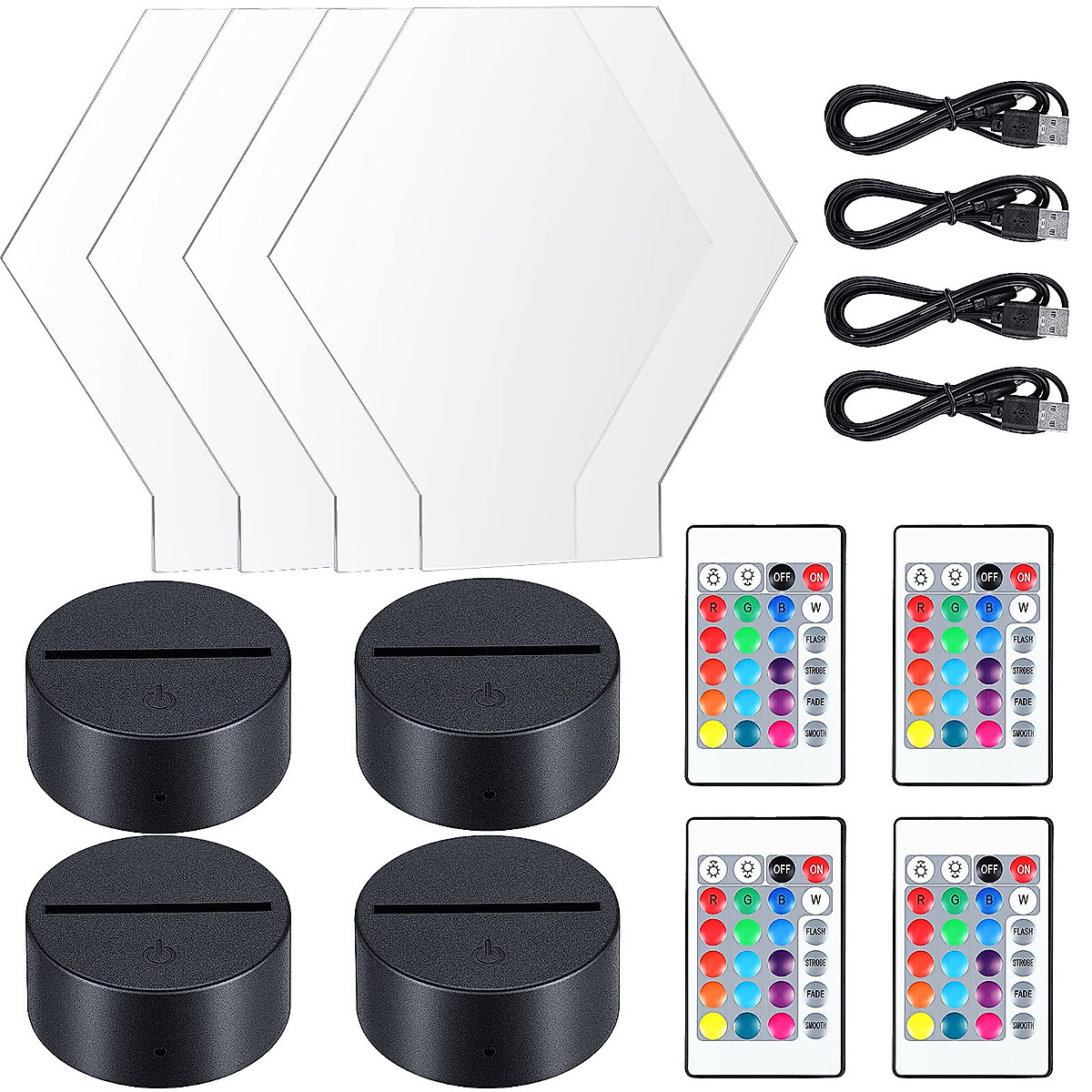 4 Set 3D Night Light LED Lamp Base with Clear Acrylic Sheets Remote Controls and Charging Cables Adjustable 16 Colors 4 Modes for Child Room Bar(Hexagon Style)