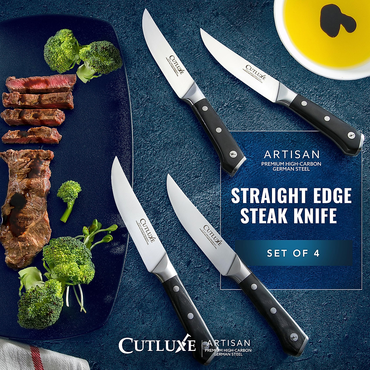 Cutluxe Steak Knives Set of 4, Straight Edge Steak Knife Set – Forged High Carbon German Steel, Full Tang, Ergonomic Handle Design – Artisan Series