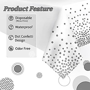Paready White Silver Plastic Tablecloth 4 Pack 54" x 108", White Disposable Tablecloth with Silver Dot Confetti, Rectangular Plastic Table Cover for Parties, Birthday, Wedding, Graduation, Anniversary