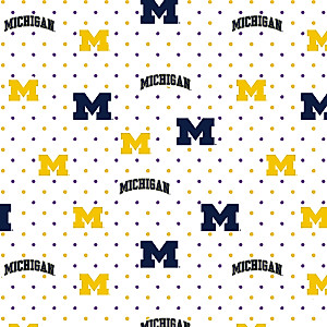 SYKEL ENTERPRISES University of Michigan Pin Dot Cotton Fabric Sold by The Yard-Michigan Wolverines Cotton Quilting Fabric-MCHG1323, White Ground, 43 Inches