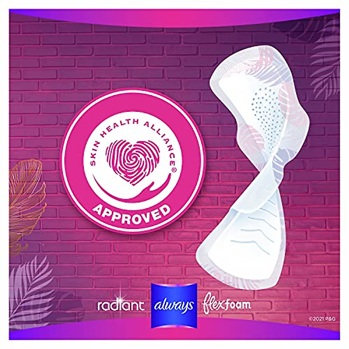 Always Radiant Feminine Pads For Women, Size 1 Regular Absorbency, Multipack, With Flexfoam, With Wings, Light Clean Scent, 30 Count x 3 Packs (90 Count total)