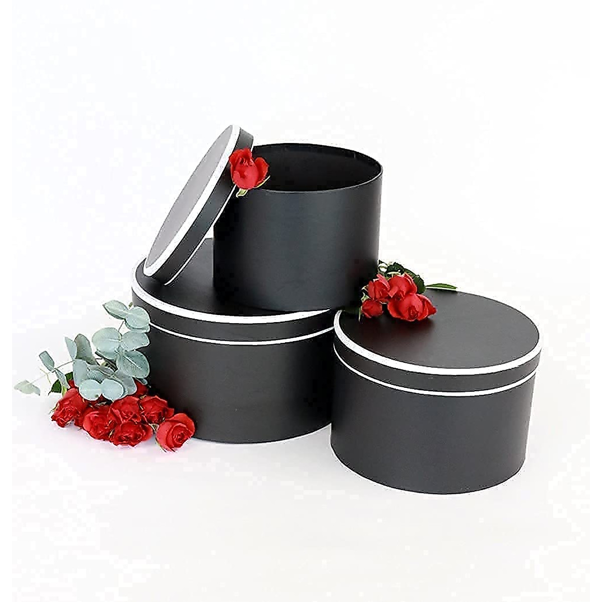 UNIKPACKAGING Premium Quality Round Flower Box, Gift Boxes for Luxury Flower and Gift Arrangements, Set of 3 pcs (L/M/S) (Black with White Rim)