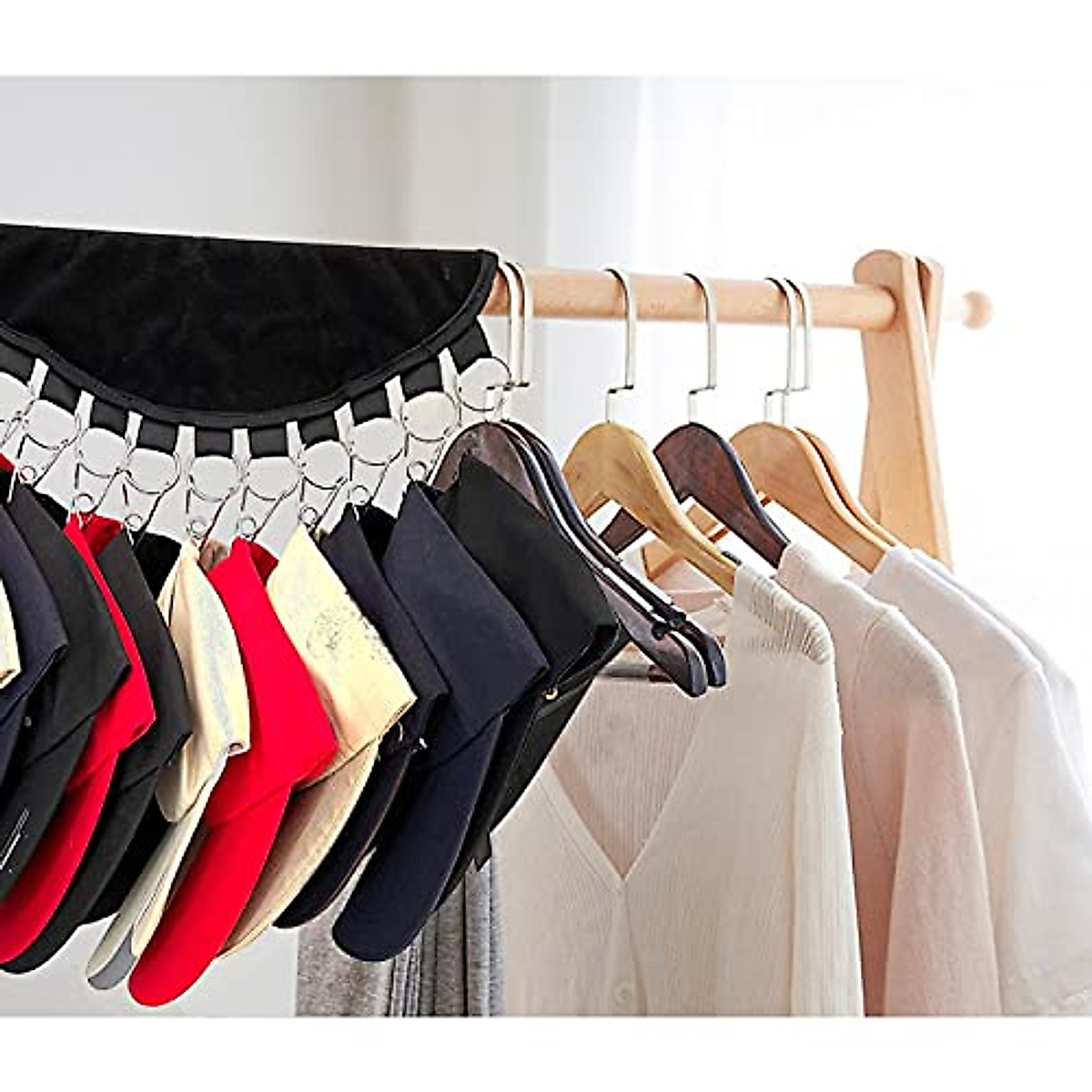 G GENLEAS 2 Pack 12 Hat Organizer Hook Loop Tape Cap Stainless Steel Organizer Hanger, Folding Clothes Hangers Foldable Clothes Drying Rack for Travel Circle Shape