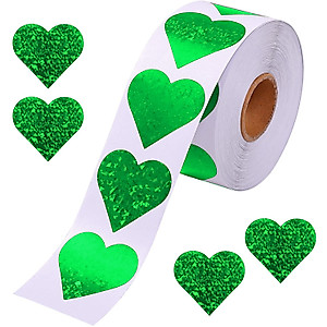 1.5" Glitter Green Heart Stickers, Large Heart Labels Valentines Decor 500 per Roll, St. Patricks Day Decorations for Kids Envelopes