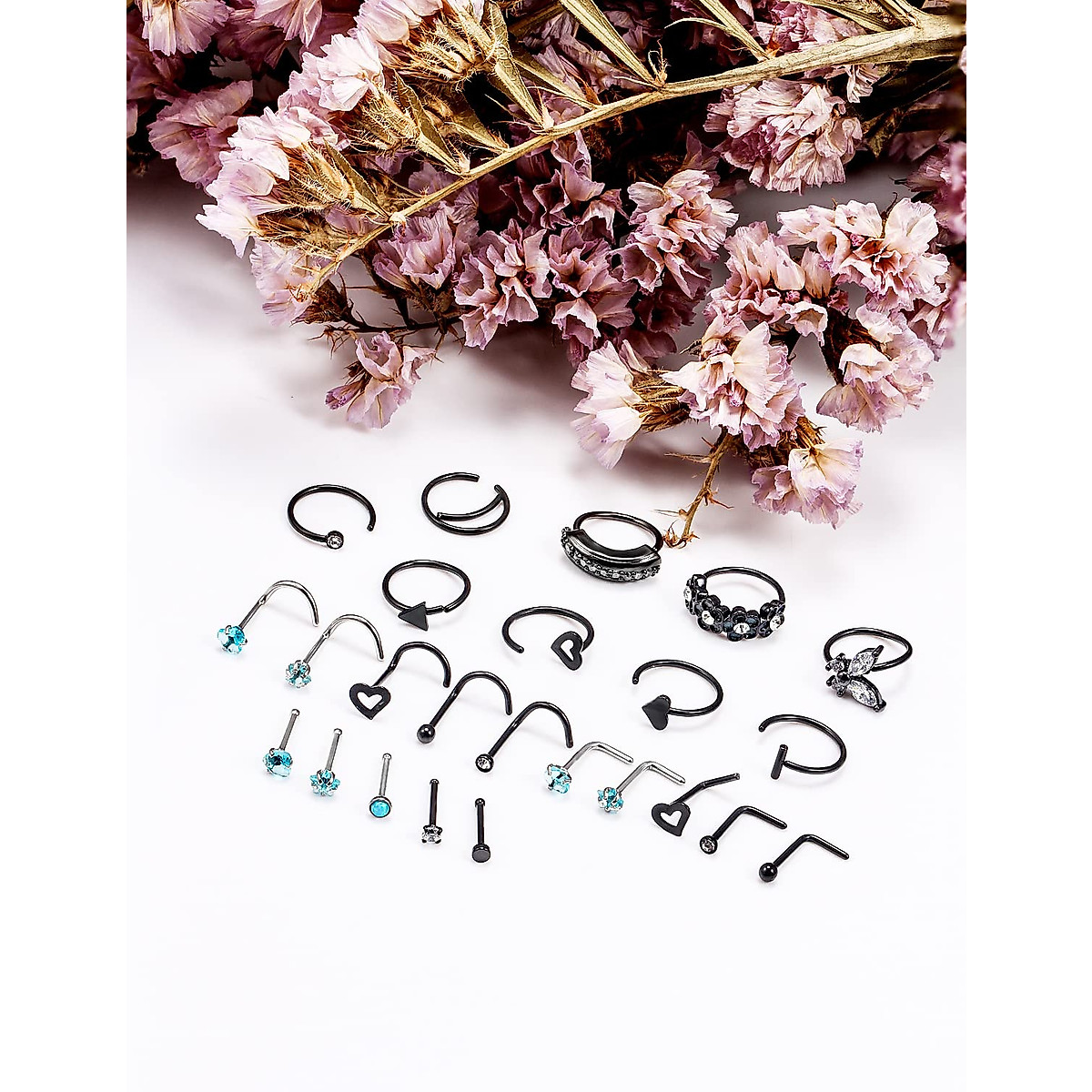 Tkzndnm 20g 20 Gauge Black Nose Rings Studs Hoops Piercings Para La Nariz Jewelry for Women Hypoallergenic Surgical Stainless Silver Steel Straight Pin Corkscrew Screw l Shaped Shape Bars