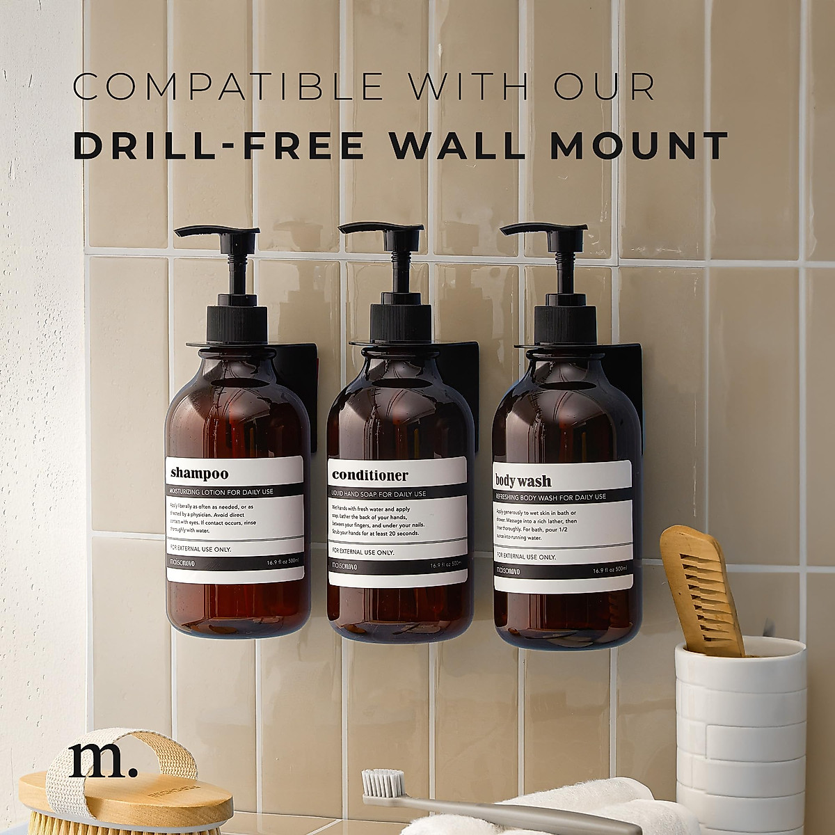 MaisoNovo Refillable Shampoo and Conditioner Bottles | 16.9 fl oz Set of 3 Amber Plastic Bottles Black Pumps