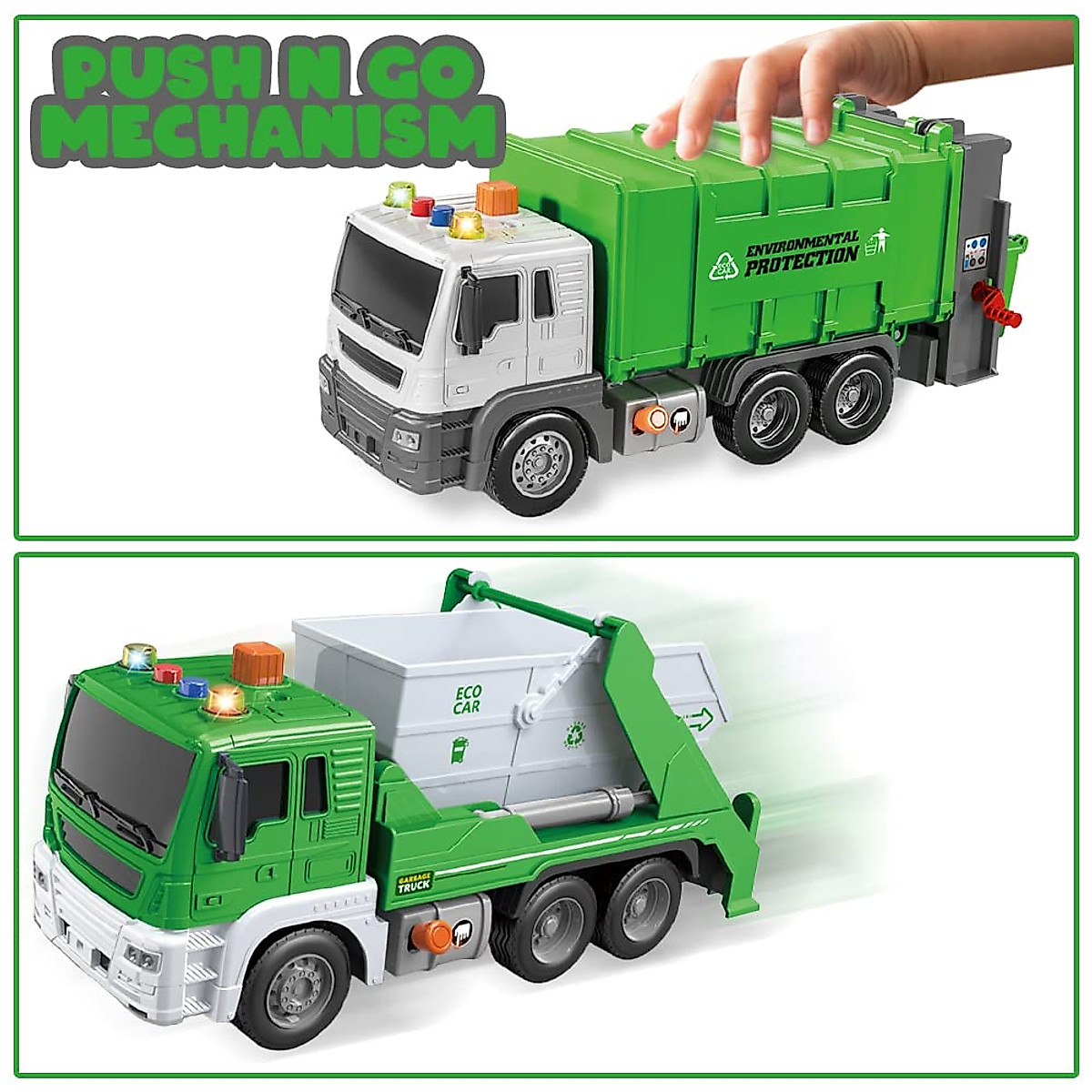 ArtCreativity Sanitation Trucks Set, Pack of 2, Light Up Garbage Trucks for Boys and Girls with Movable Parts, Sound, and LEDs, Push and Go Toy Sanitation Truck Set, Car Toys for Kids Ages 3 and Up