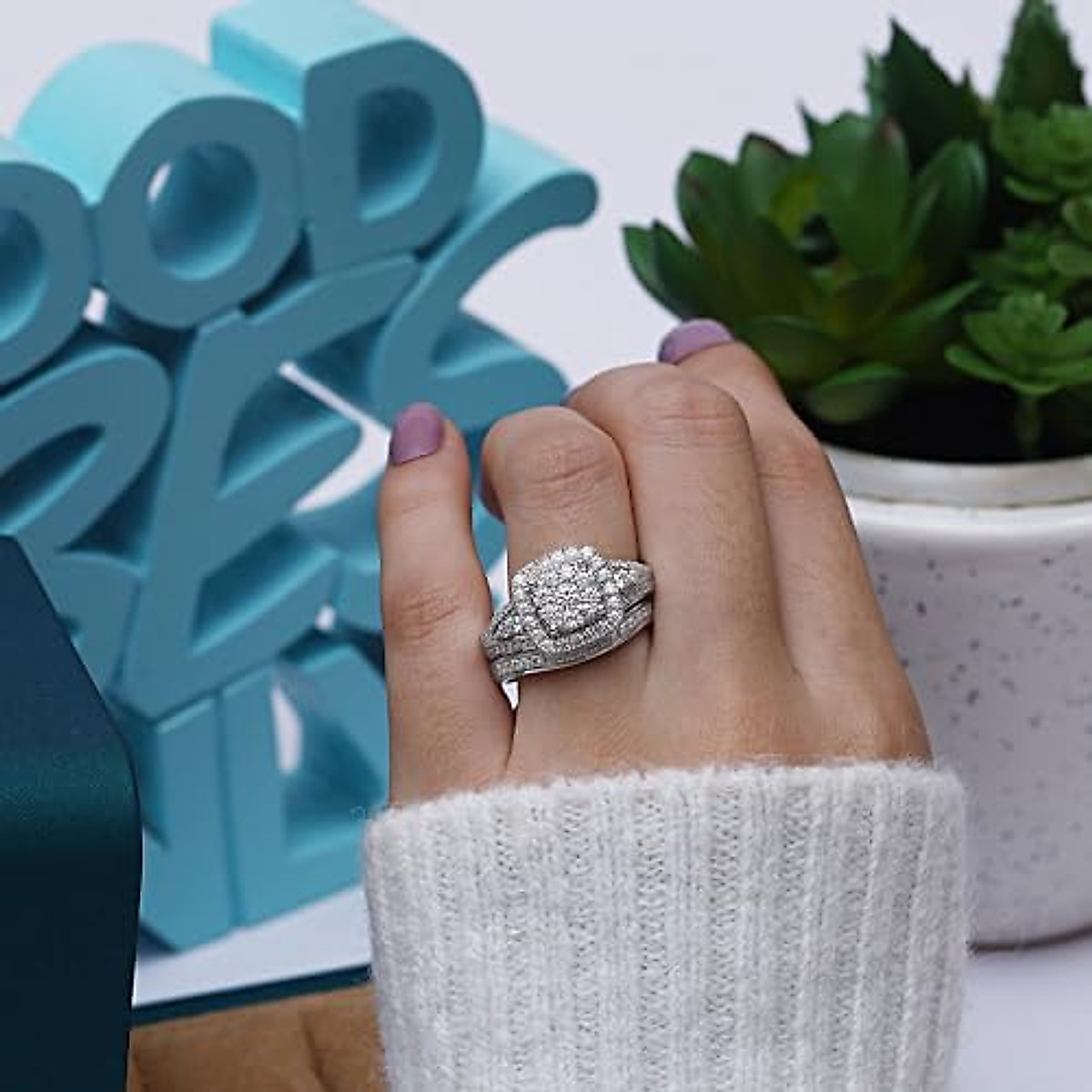 SAVEARTH DIAMONDS 1 1/4 CTTW Round Lab Created Moissanite Diamond Double Halo Bridal Set Wedding Ring in 14k White Gold Over Sterling Silver (1.25 Cttw) Size-9