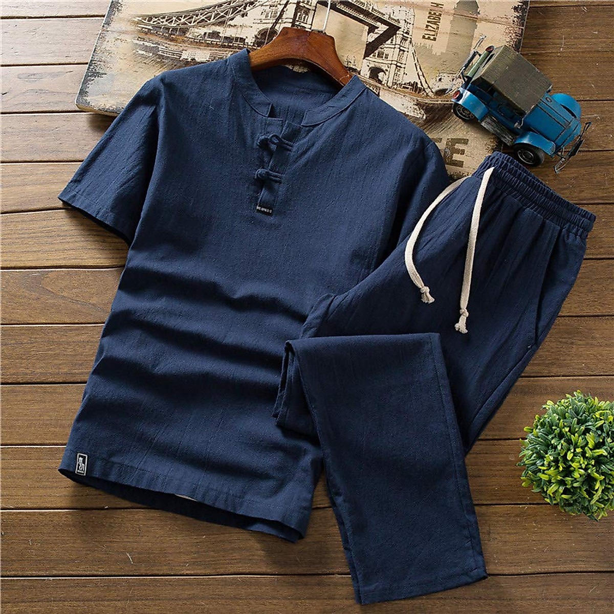Dgoopd Men's 2 Pieces Cotton Linen Set Short Sleeve Henley Shirts Casual Beach Pants Summer Yoga Outfits Loose Comfy 2 PC Outfit Plus Size Fashion T Shirts Sets Navy