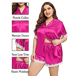 SWOMOG Plus Size Satin Pajama Set for Women Silk Satin Pj Set Short Sleeve Button Down Loungewear 2 Pcs Soft Lace Trim Nightwear Rose Red